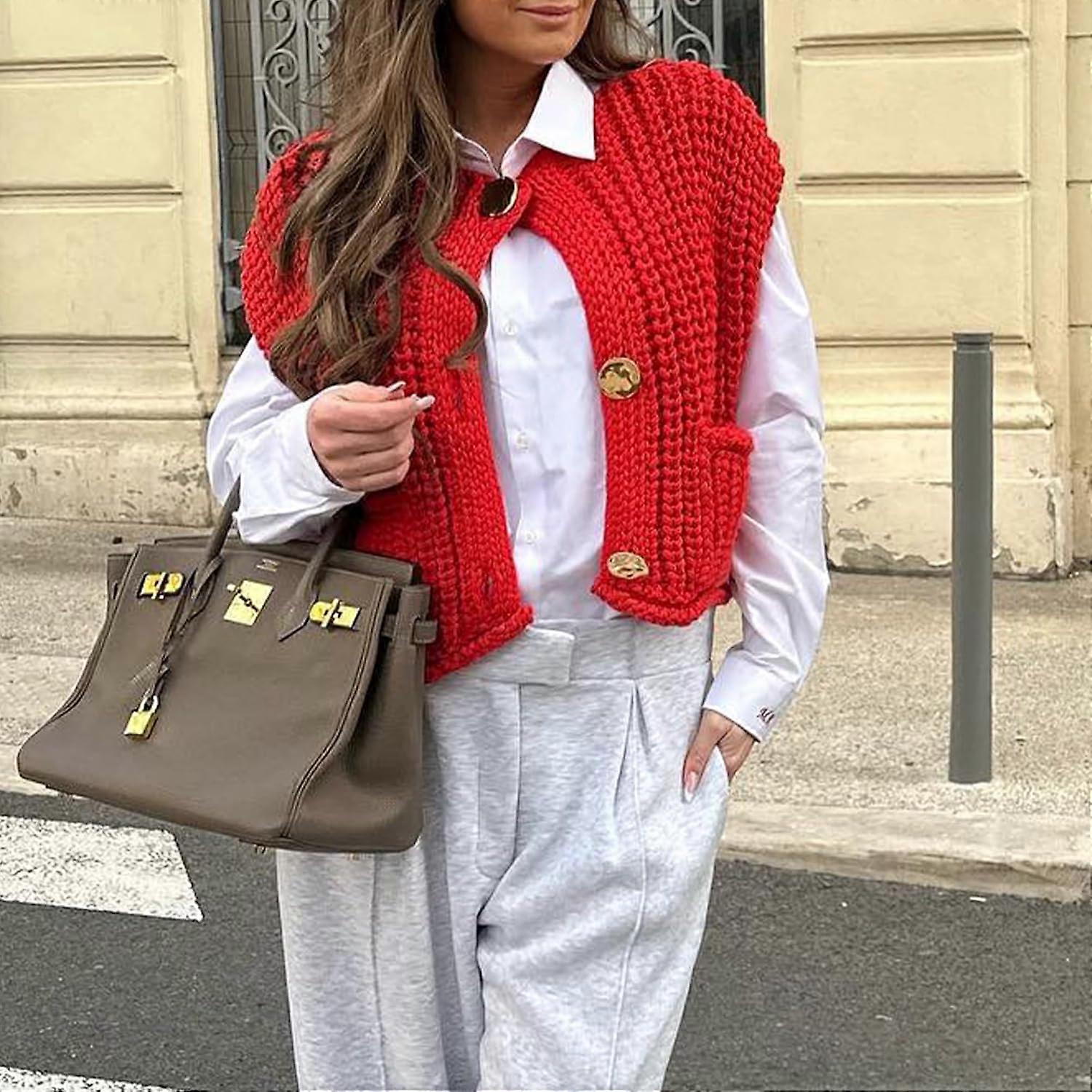 Womens Crochet Chunky Knit Top Sleeveless Button Down Crop Tops Trendy ...