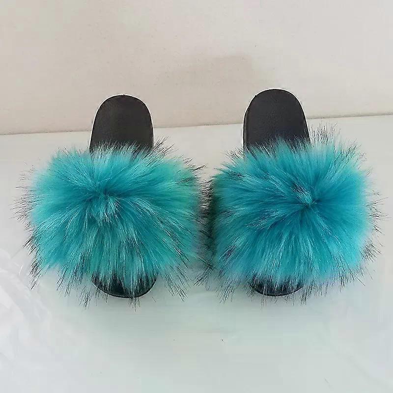 Summer Faux Fur Slippers Women Indoor Furry Fur Slides Female Plush Flip Flops Flats Sandals ...
