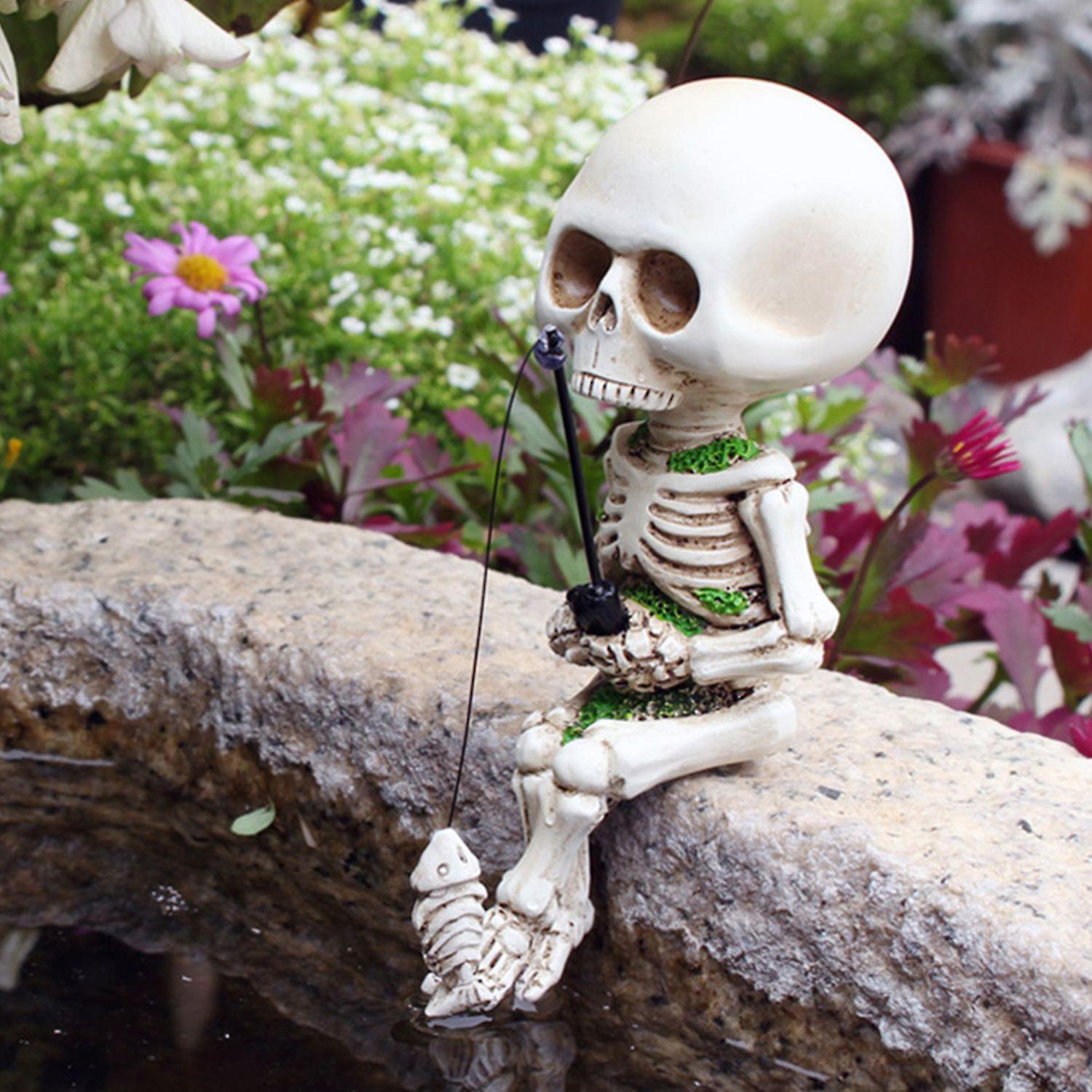 Funny Skeleton Fishing Statue Garden Ornaments Halloween Resin ...
