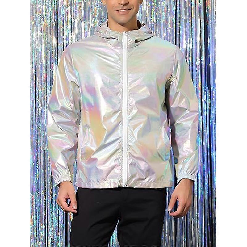 Men's Metallic Jacket Lightweight Zip Up Holographic Shiny Hooded ...