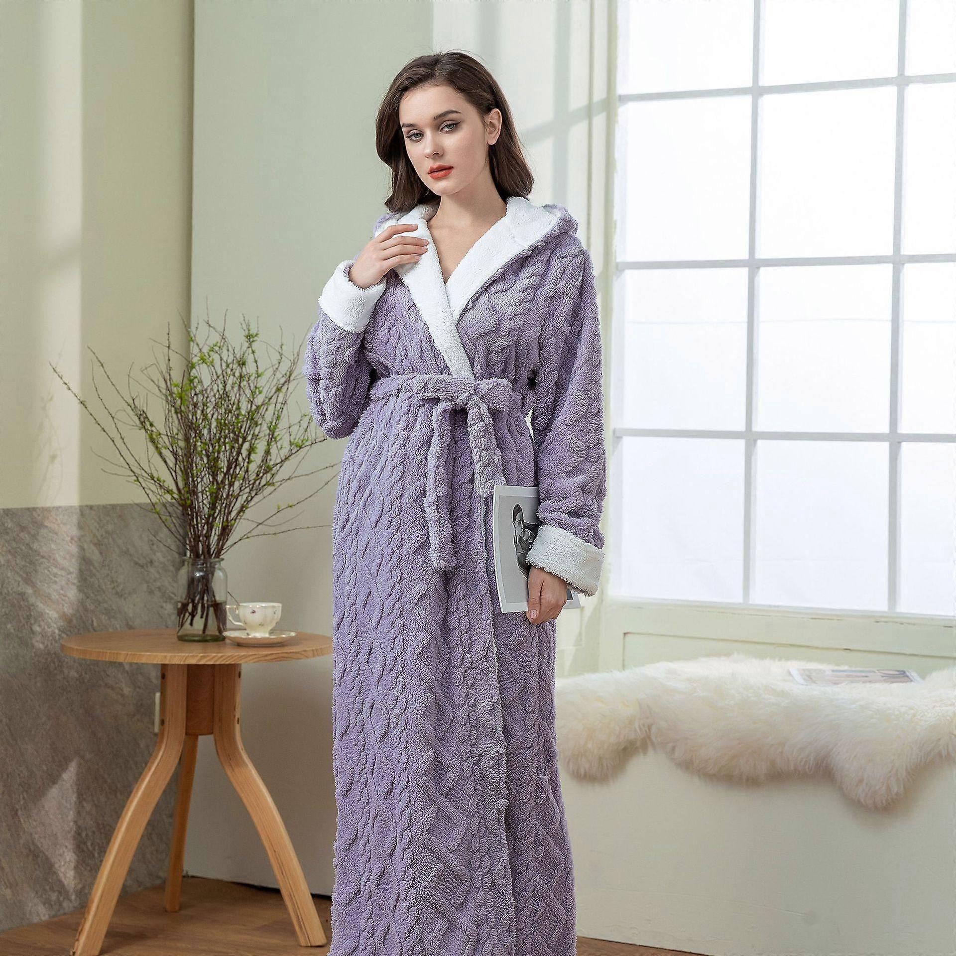Loose Long Thick Bath Robe Hooded Winter Thick Women Bathrobe Flannel ...