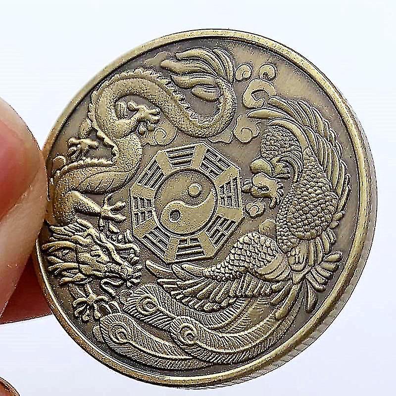 Chinese Dragon And Phoenix Bagua Green Bronze Medal Embossed Coin Badge ...
