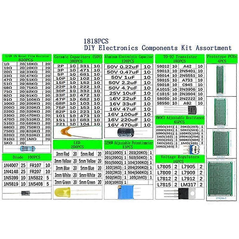 1818PCS DIY Electronics Components Kit Assortment Resistors LED Triode ...