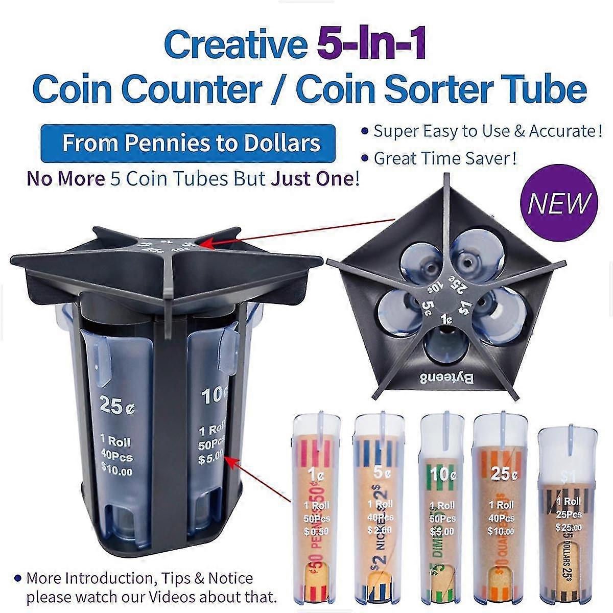 Coin Counter Coin Sorter Tube, 5-in-1 Change Sorter Coin Organizer ...