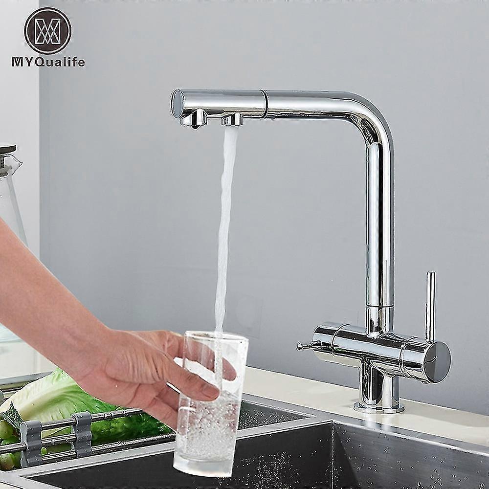 Chrome Brass Pull Out Filtered Kitchen Faucet Dual Handle Hot Cold ...