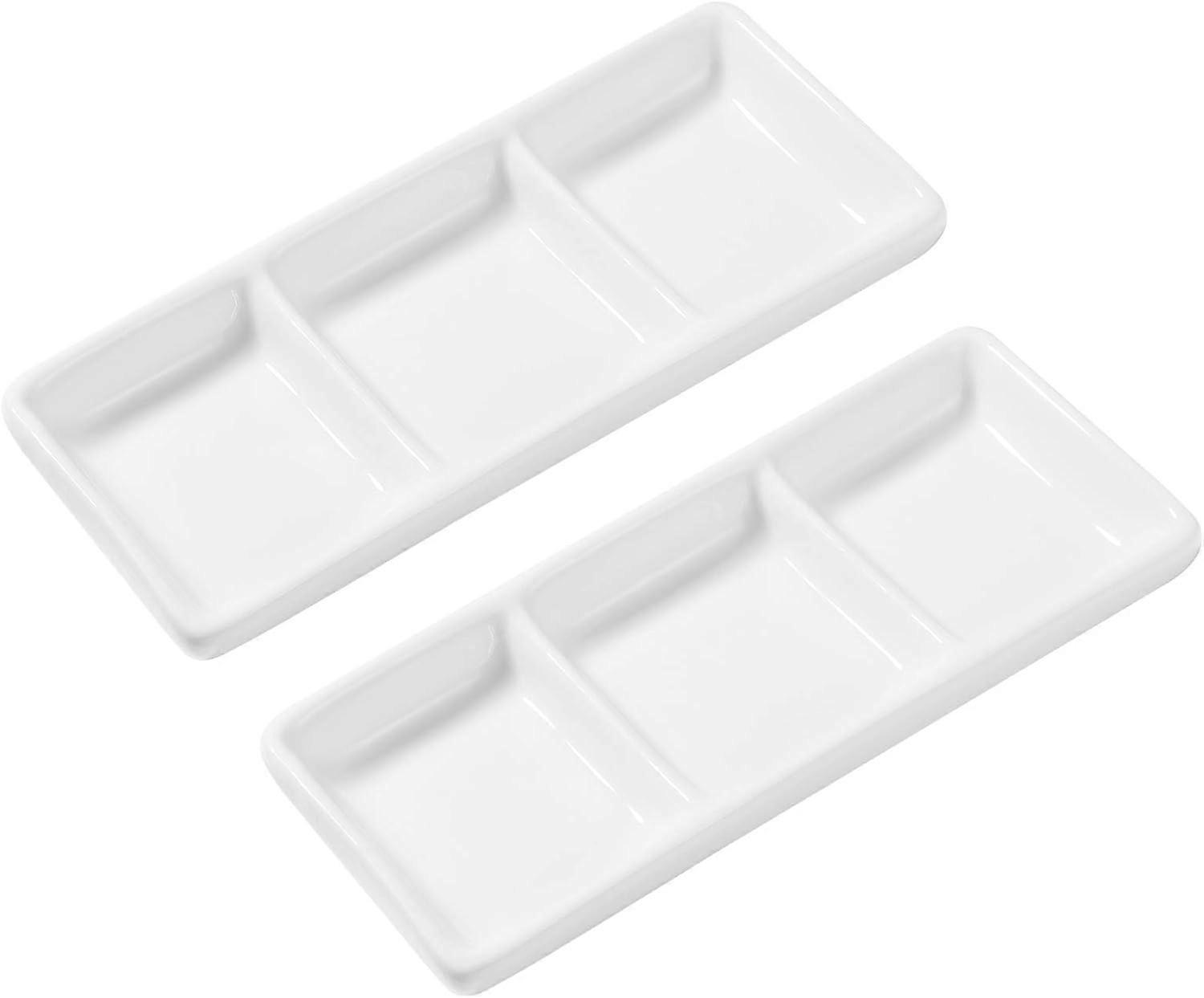 2 ceramic plates, 3 compartment appetizer plates, white rectangular ...