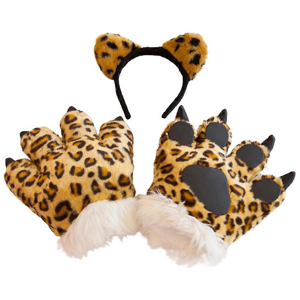 Plush Leopard Cosplay Costume Set Cute Ears Headband 3D Animal Paw ...