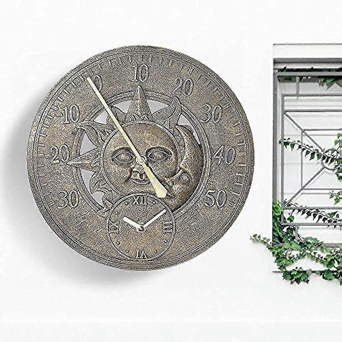 Garden Thermometer Clock Analogue Wall Bronze Sun & Moon 30cm Clock ...