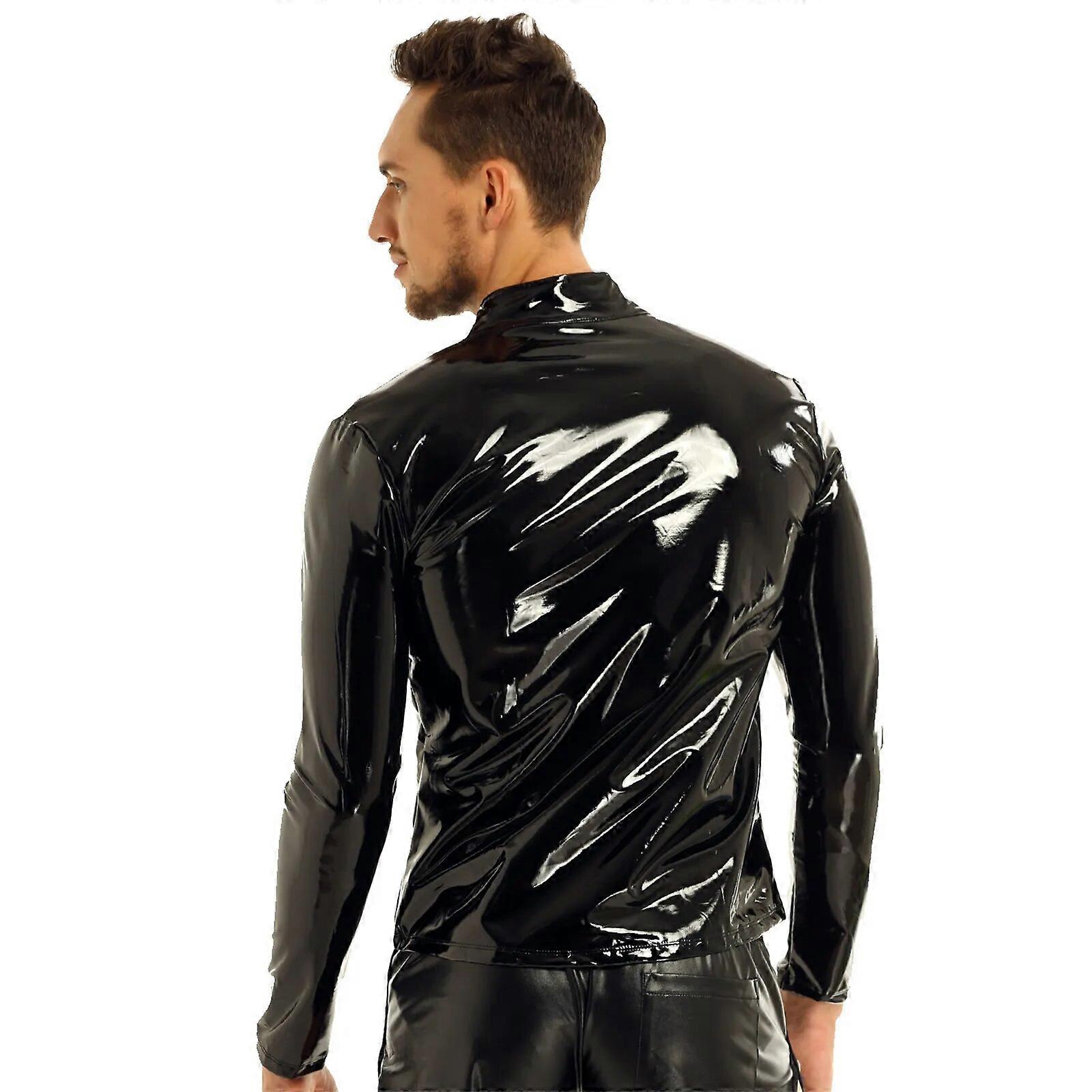 Men Wet Look Patent Leather Coat Long Sleeve Front-Zip Shiny Metallic ...