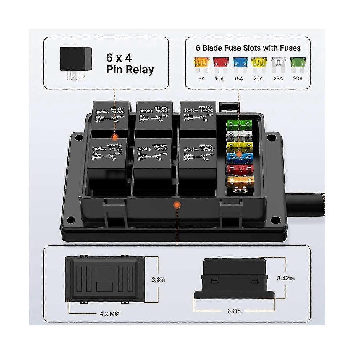 Relay Box 12V with 6 PCS 4 Pin Relays and 6 PCS ATC/ Blade Fuse Pre ...