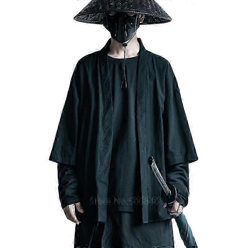 Men's Traditional Japanese Haori Kimono Black Cardigan Jacket Harajuku ...
