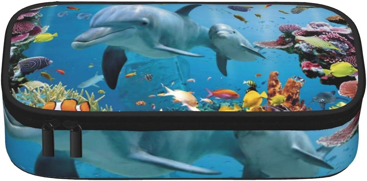 Kids Pencil Case For Girls And Boys Big Capacity Ocean Dolphin Looking ...