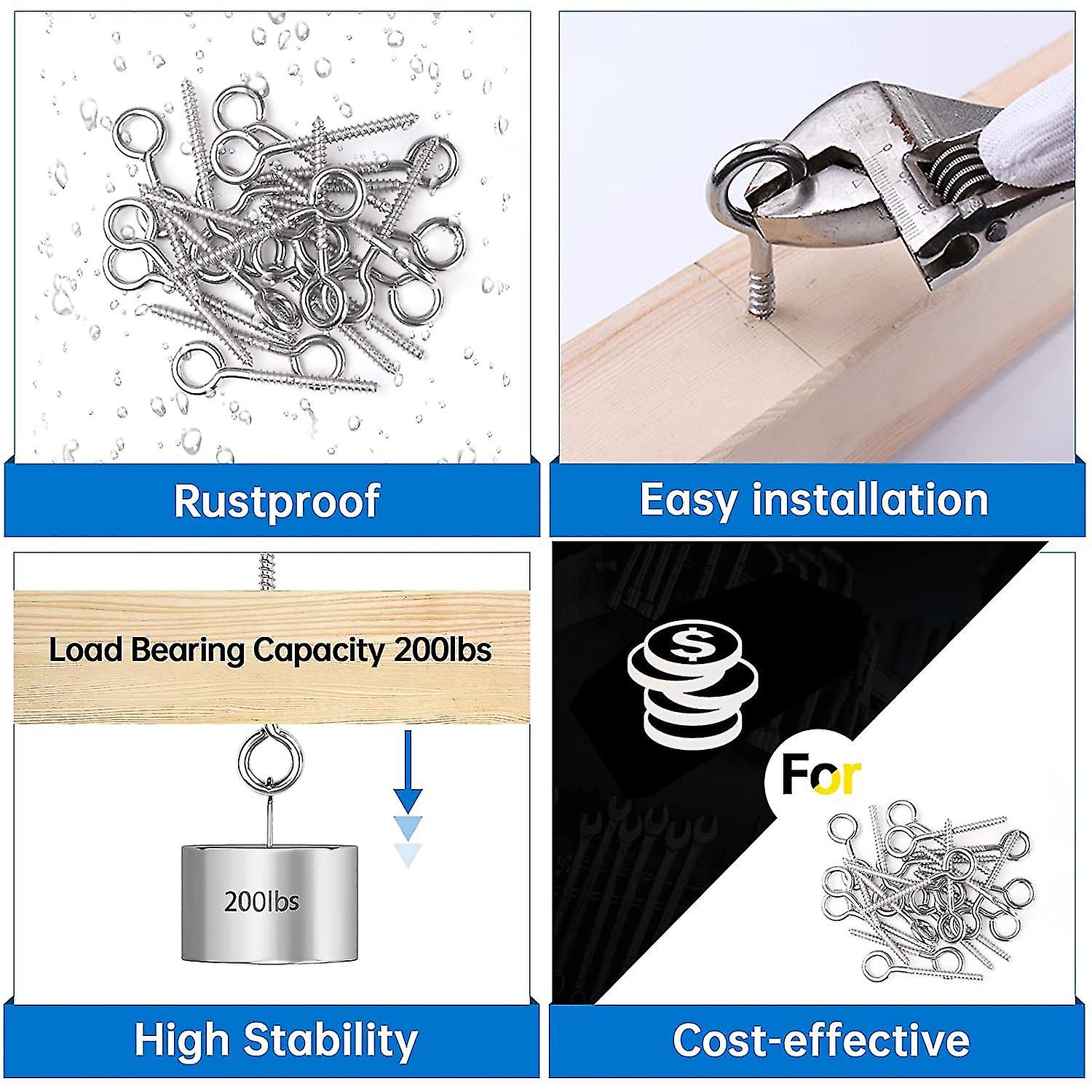 10pack 3.3inch M6 Screw Eye Hooks Stainless Steel Heavy Duty Screw For ...