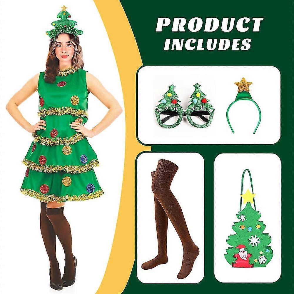 Christmas Tree Costume 5 Pcs Women Christmas Tree Dress with Bag ...
