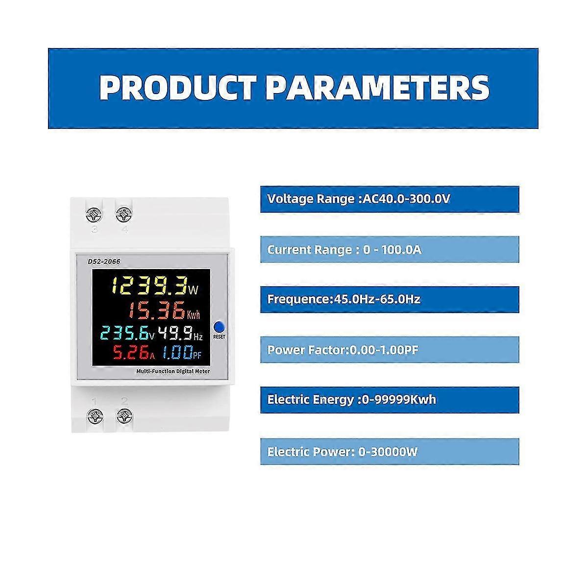 Digital Single Phase Ac 40-300v 100a Din Rail 6 In 1 Voltmeter Ammeter ...