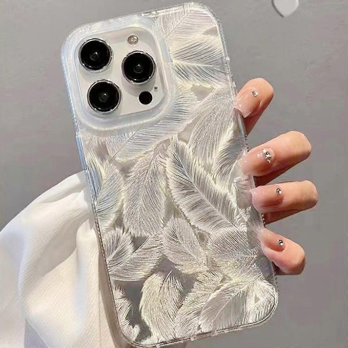 For iPhone 13 Pro Case Silver Feather Pattern Laser Process Shockproof ...