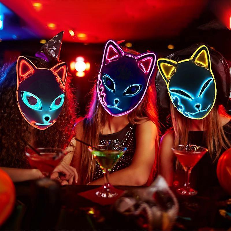 LED Glowing Cat Face Mask For Women Demon Slayer Cold Light Fox Mask ...