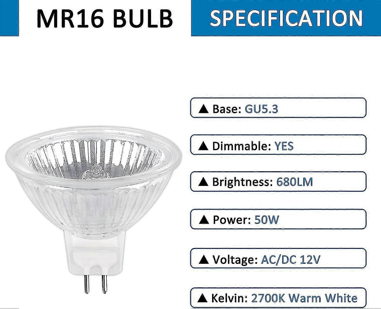 Halogen Bulb Gu5.3 50w 12v, 800lm Warm White 2700k Dimmable, Halogen ...
