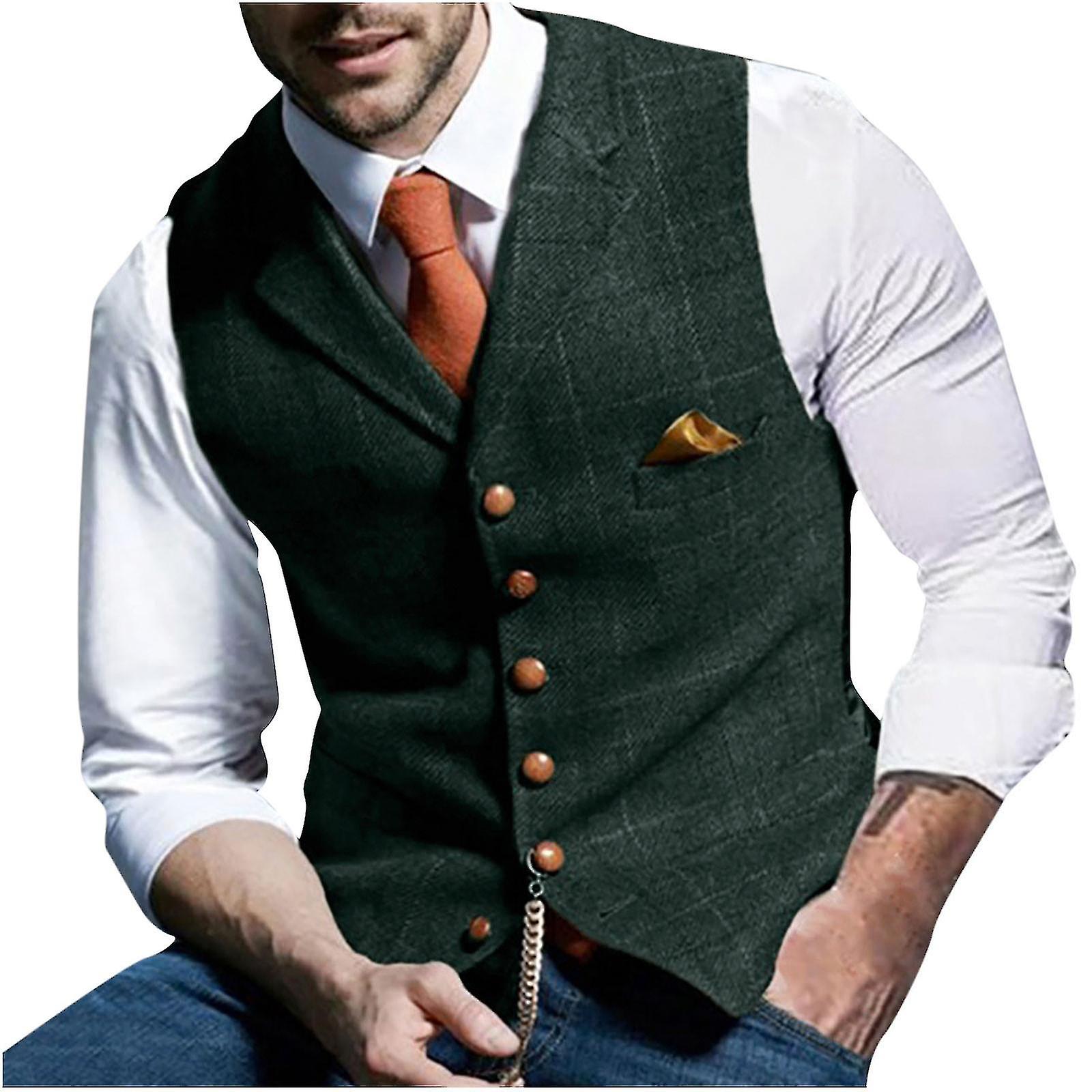 Men Lattice Turndown Single-breasted Slim Fit Vest Suit Business ...