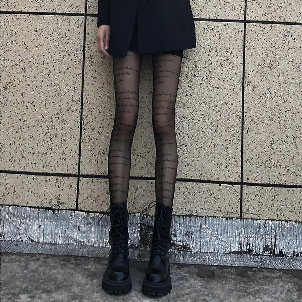 Women Sexy See Through Letters Print Tights Crotch Opening Sheer Mesh ...