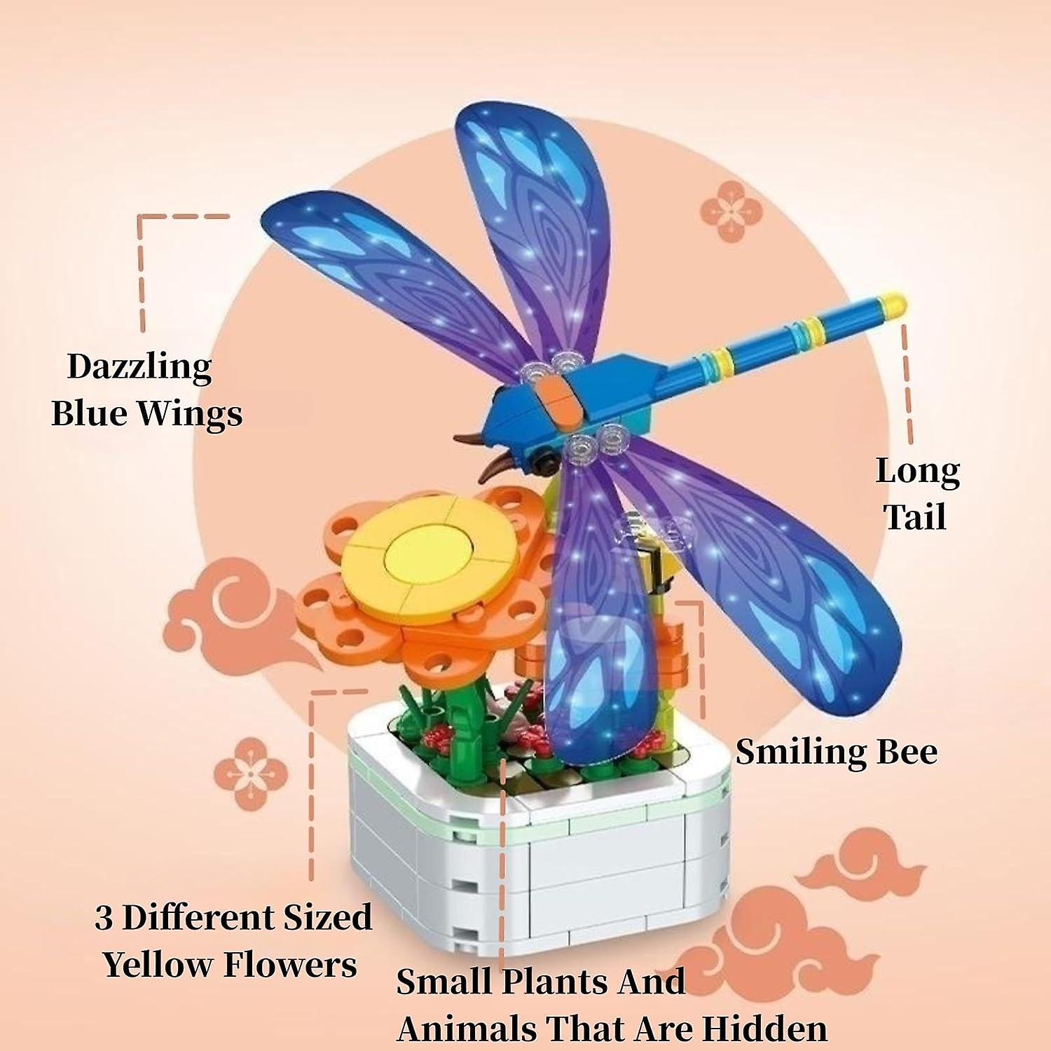Flower Bouquet Block Toys, Artificial Flower Blocks Set Dragonfly ...