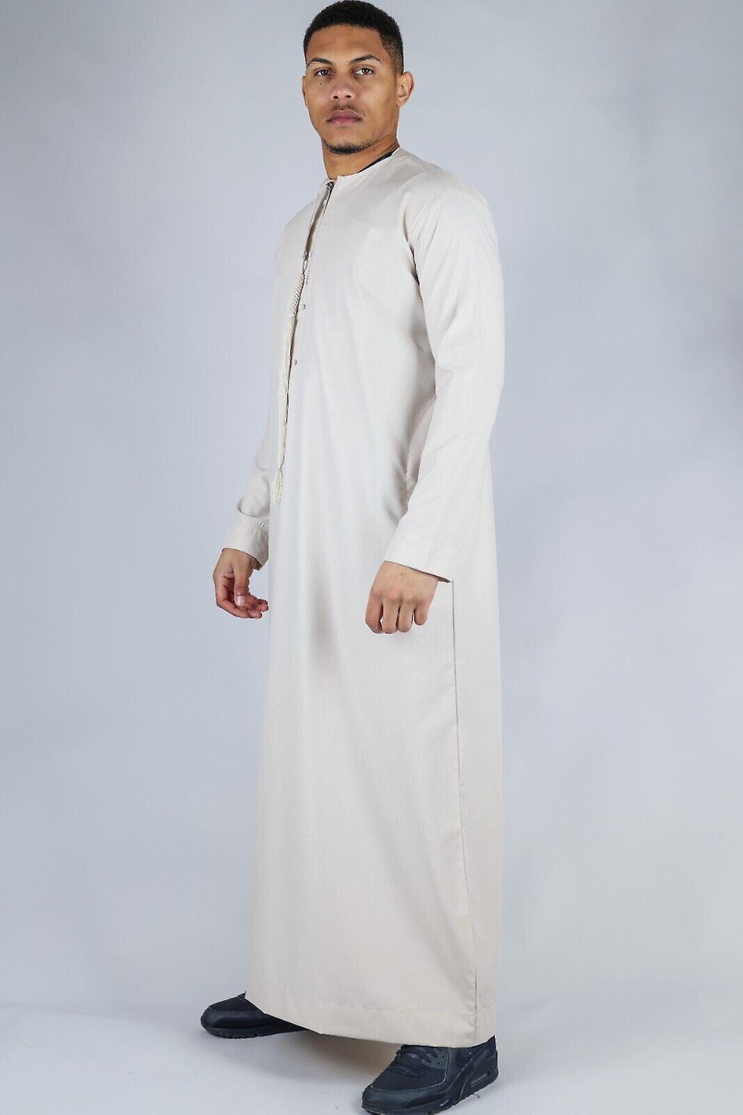 Men's Beige Thobe Emirati Islamic Jubba Robe Eid Tassel Slim Fit ...