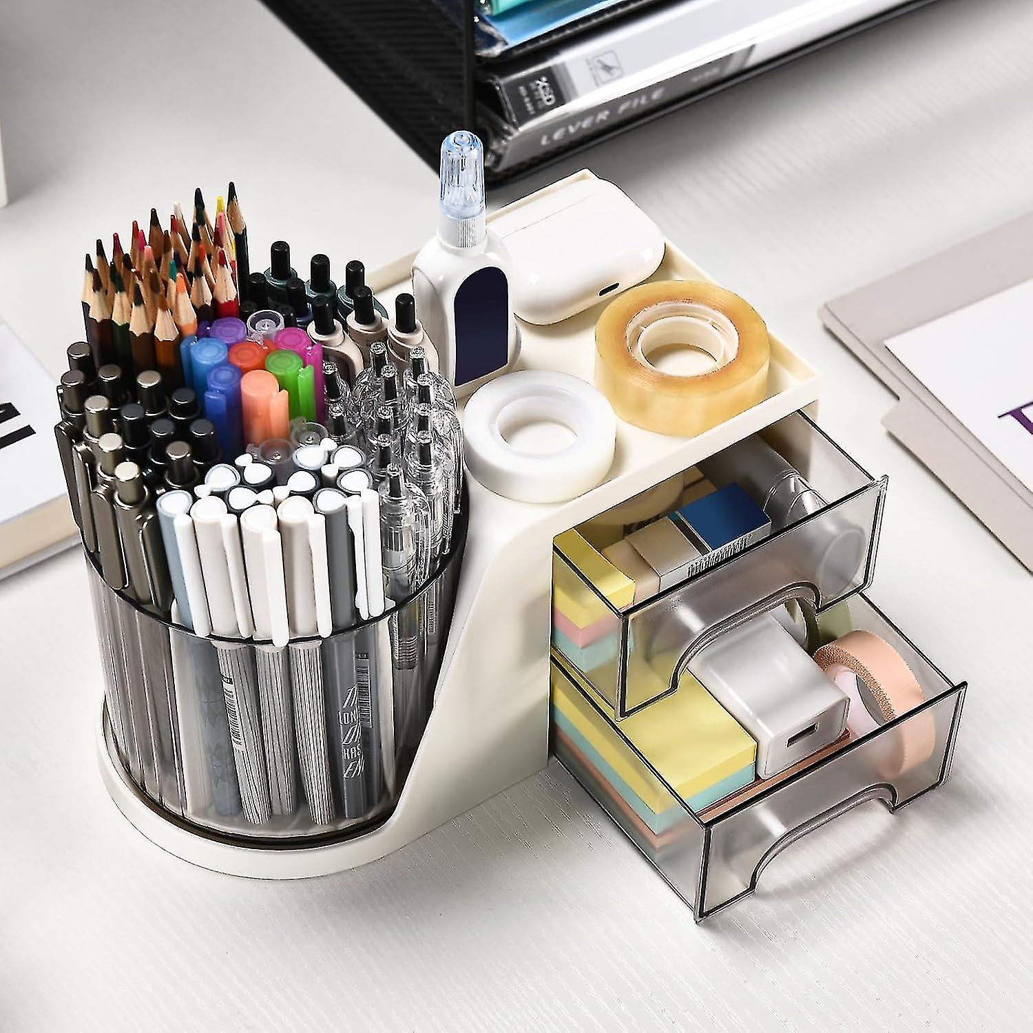 Rotating Desk Organizer with 2 Drawer, Pencil Pen Holder for Desk, Desk ...