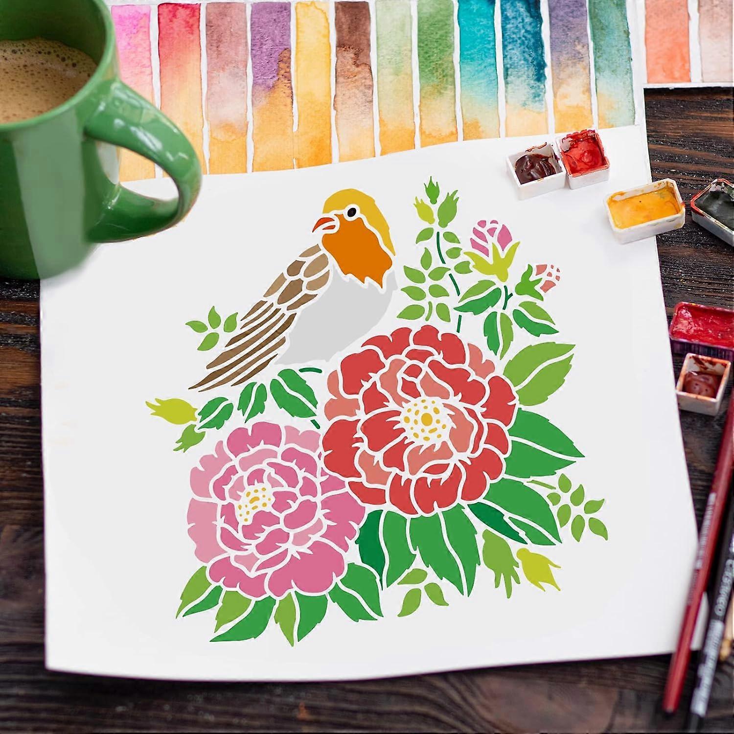 Flower Bird Stencils 11.8x11.8 inch Hibiscus and Birds Drawing Template ...