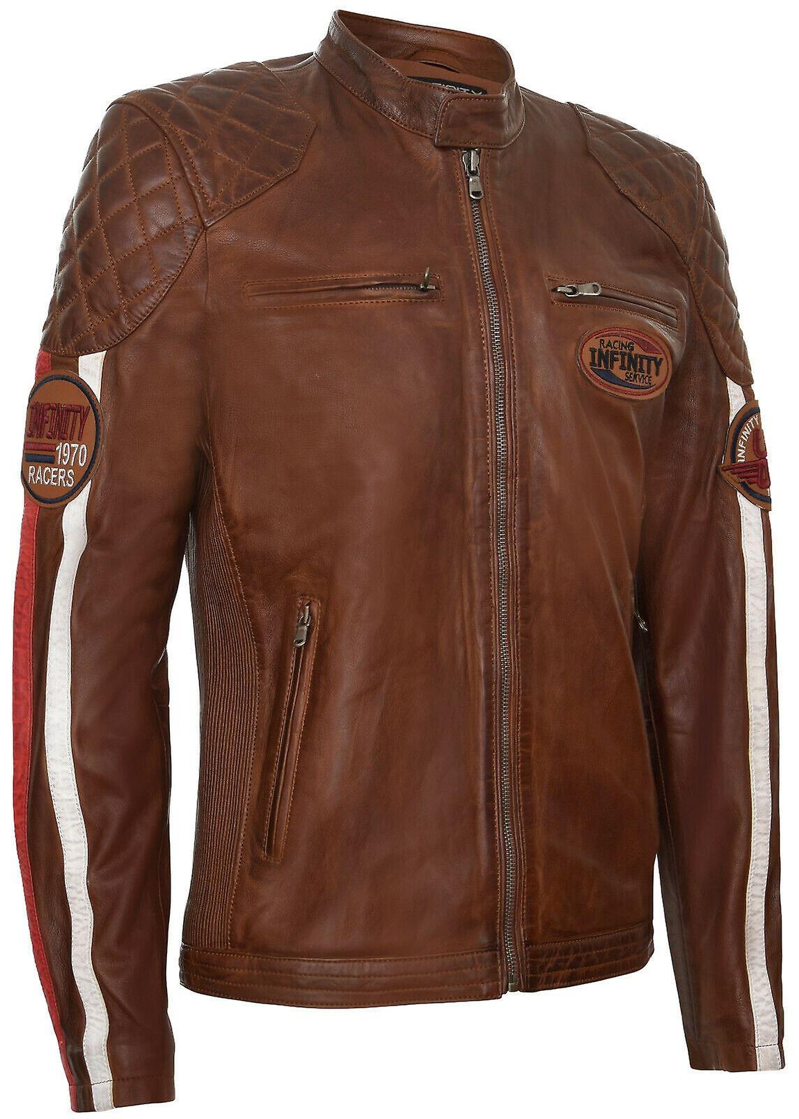 Men's Tan Leather Striped Badged Biker Jacket | Fruugo US