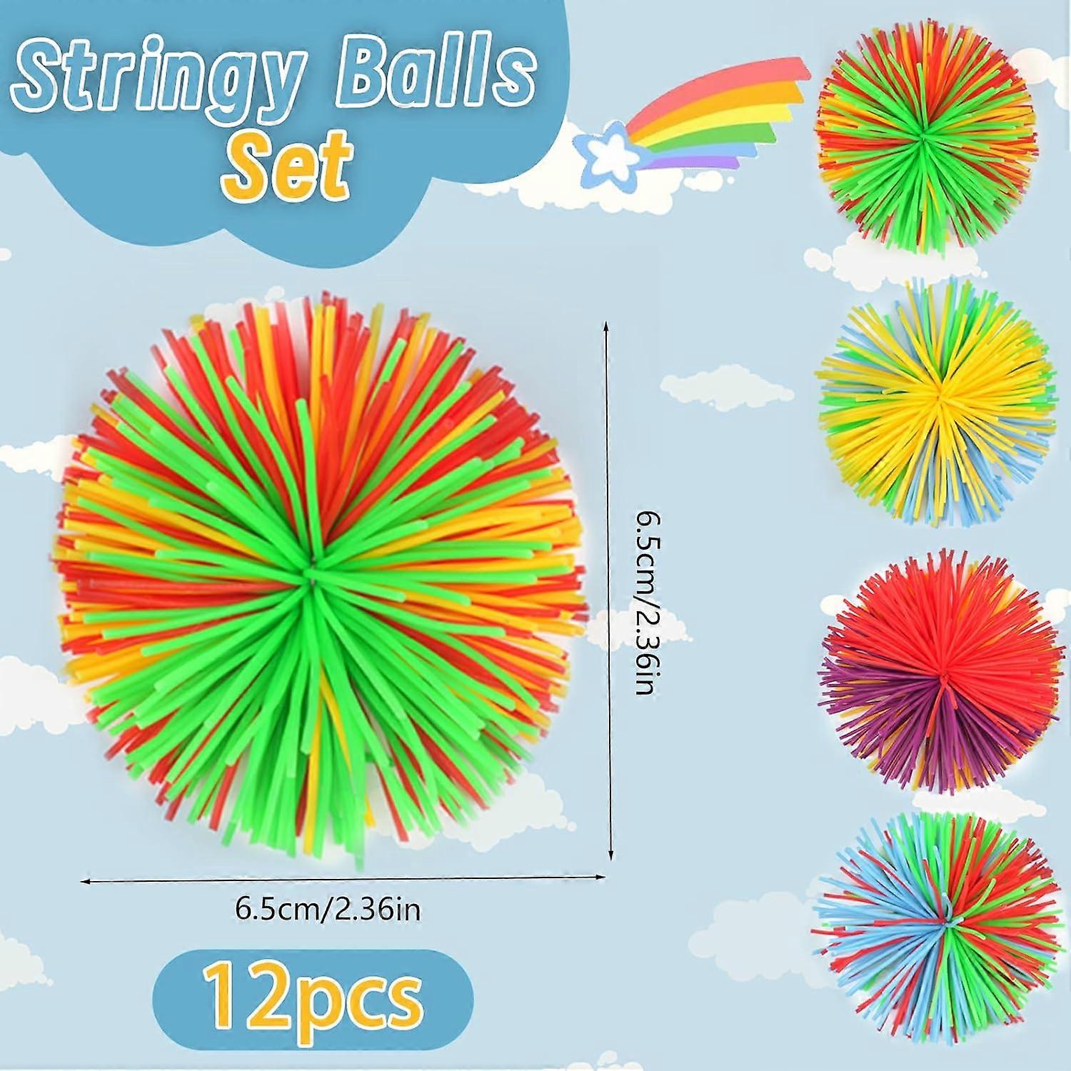 Pack of 12 Bouncy Stress Balls, Rainbow Stringy Sensory Fidget Balls ...