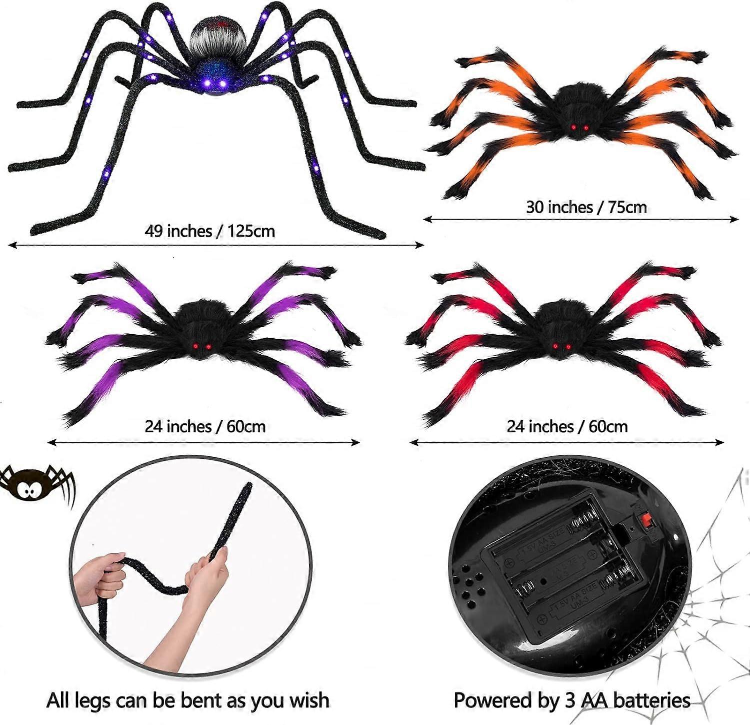 4 Pack Halloween Spider, 4Ft Giant Spider and Colorful Hairy Spider ...