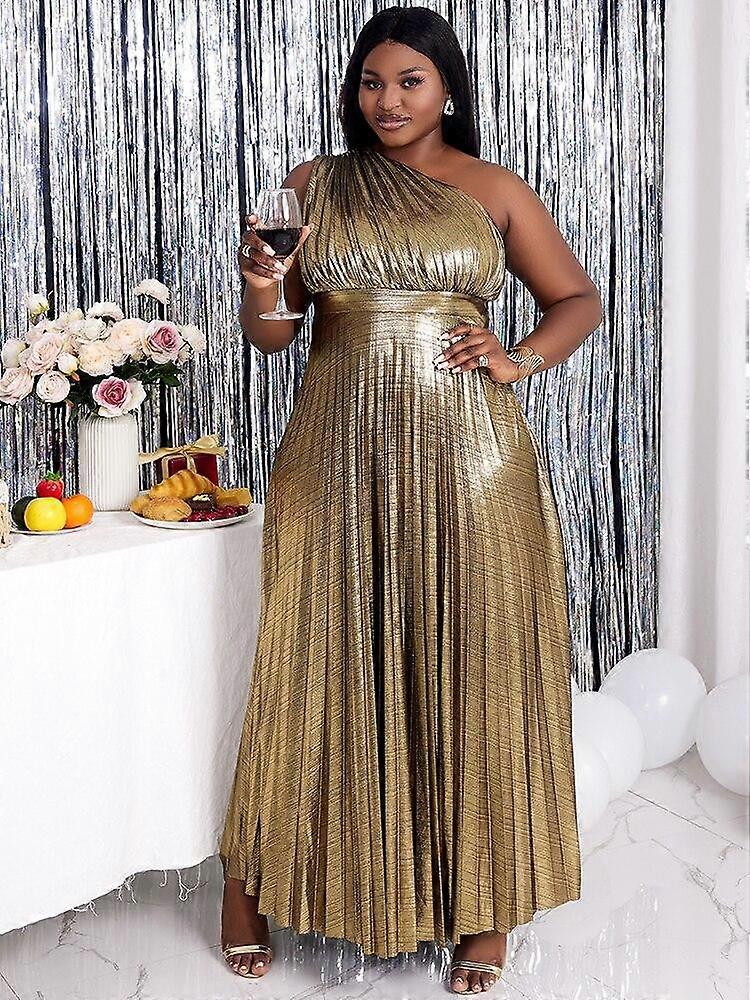 Shiny Gold Evening Dress Elegant Women Event Luxury Maxi Long Pleated ...
