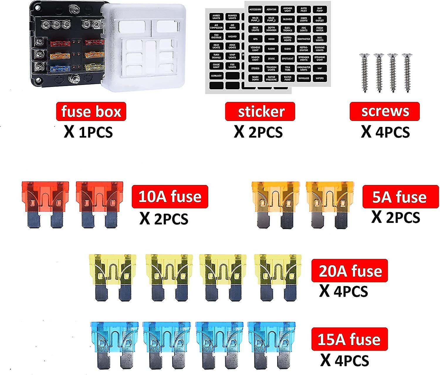 6 Way 12v Fuse Box, Fuse Holder Blade Fuse Blocks With 16 Fuses 6 Led ...