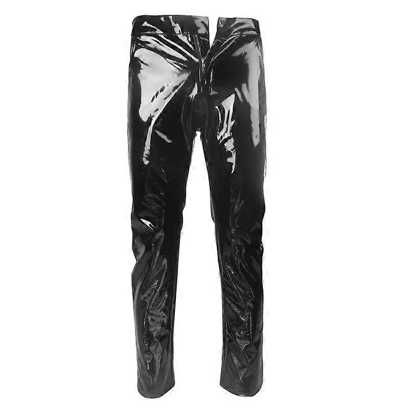 Black Party Stage Performance Slim Fit Biker Faux Leather Pants Shiny ...