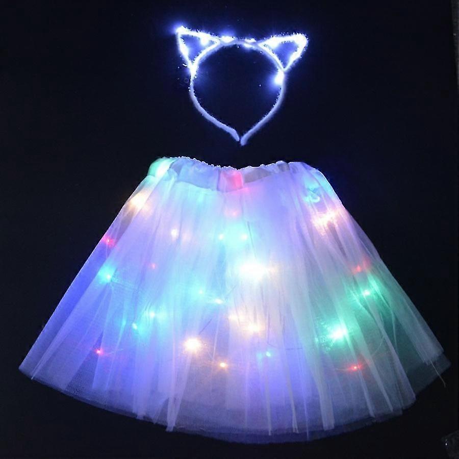 Girl Women Led Skirt Fairy Light Tutu Glow Cat Bunny Ear Crown Headband ...