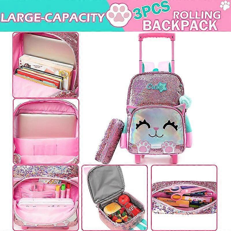Kids Rolling Backpack for Girls Cute Pink Cat School Backpack with ...