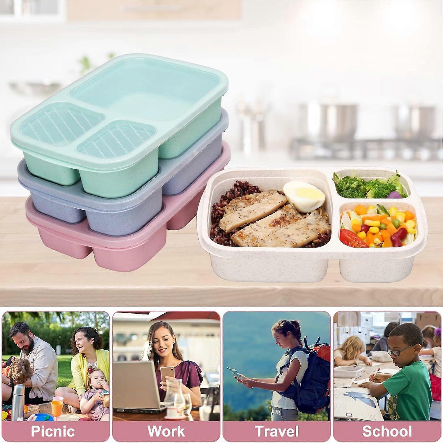 4 Pack Bento Lunch Box 3 Compartment Lunch Containers for Adults,Plastic Divided Food Meal Prep ...