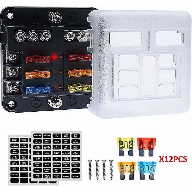 6 Way 12V Fuse Box, Fuse Holder Blade Fuse Blocks with 16 Fuses 6 LED ...