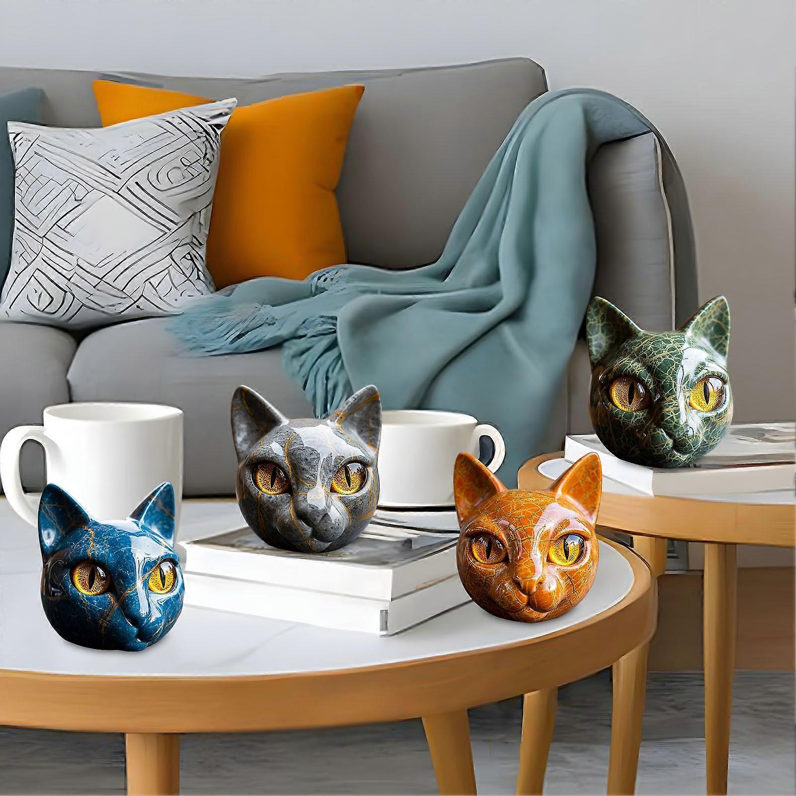 Cat Stone Sculpture Cat Head Figurine with Amber Eyes Smooth Finish ...