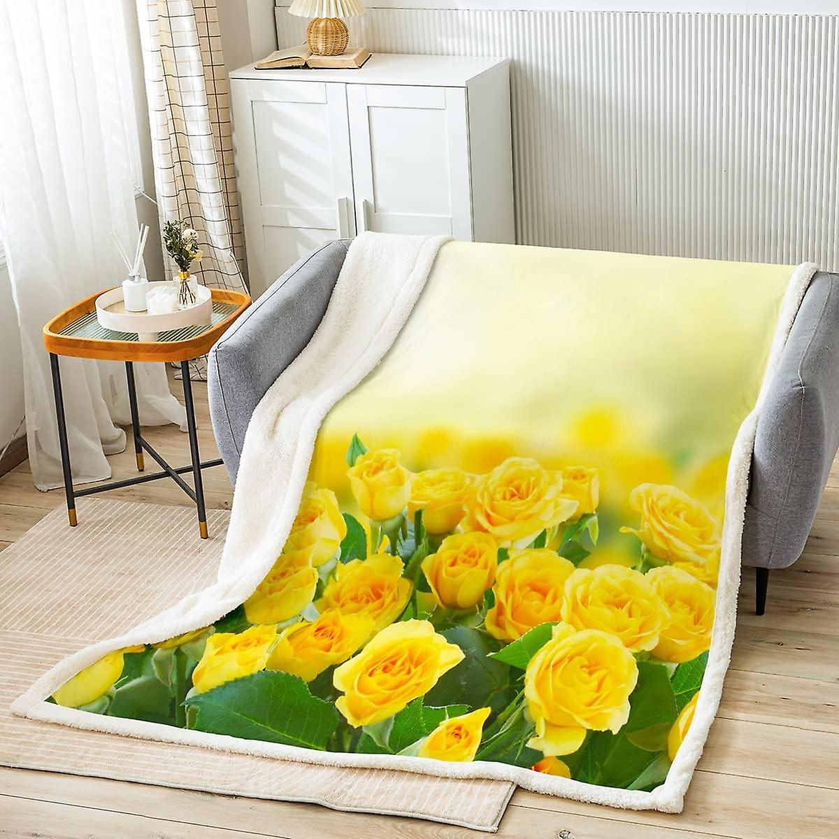 Gul Ros Sherpa Filt Ros Blommig Plysch Filt Romantiska Blommor Mönster ...