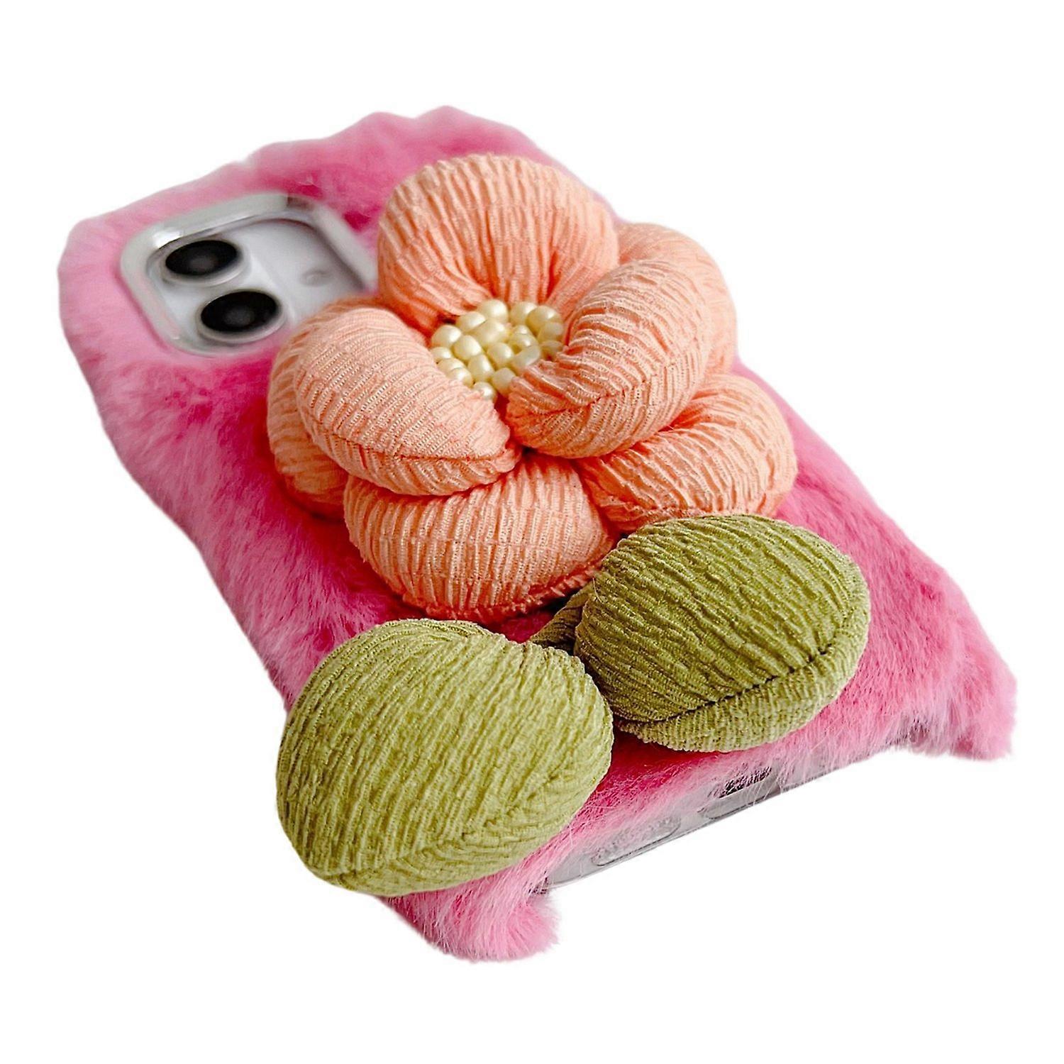 For iPhone 16 Plush Phone Case 3D Flower Decor Fluffy TPU Back Cover ...