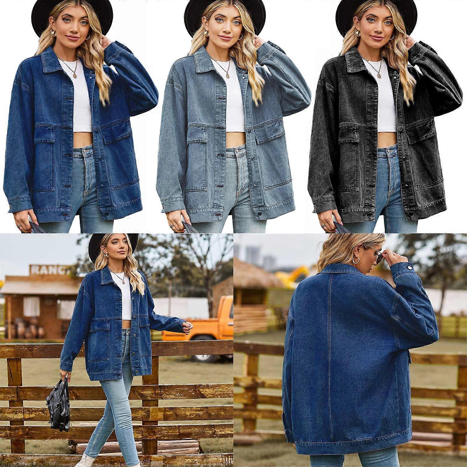 Women's Oversized Jean Jacket Fashion Boyfriend Button Down Washed ...