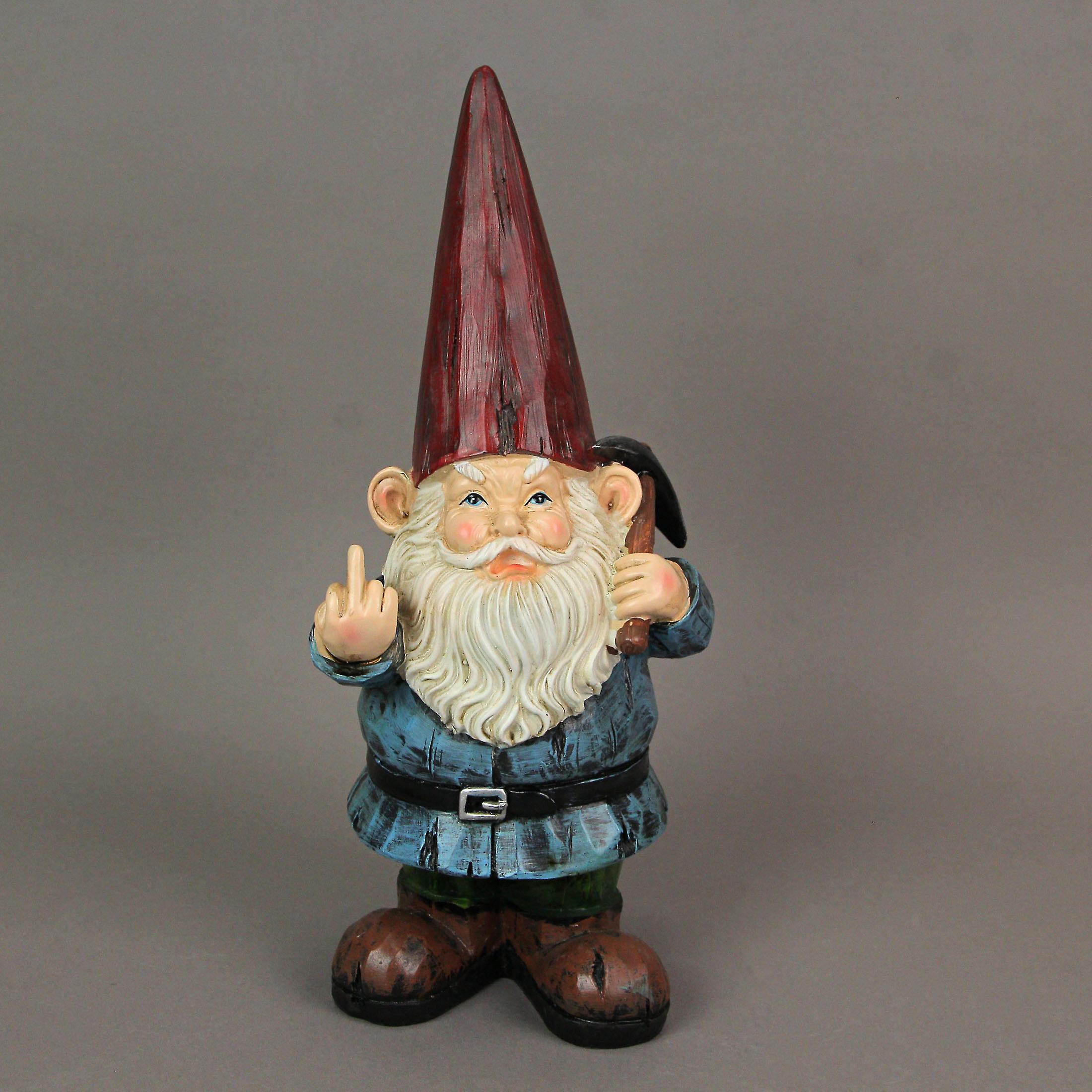 12 Inch Grumpy Gnome Holding Pick Axe Garden Statue - Rude Hand Gesture ...