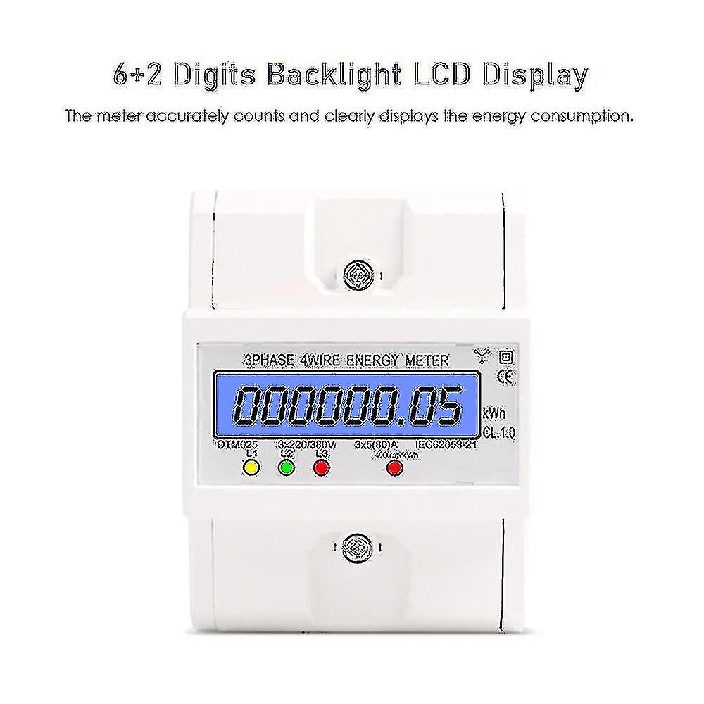 3 Phase 4 Wire Energy Meter 220/380v 5-80a Energy Consumption Kwh Meter Din Rail Installation ...