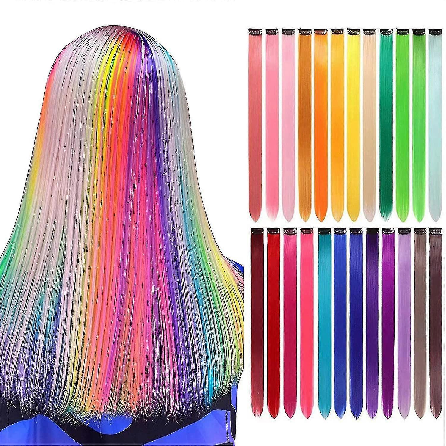 Rainbow Hair Extensions In Clip 24 Pcs/pack 24 Colors 22 Inch Synthetic ...