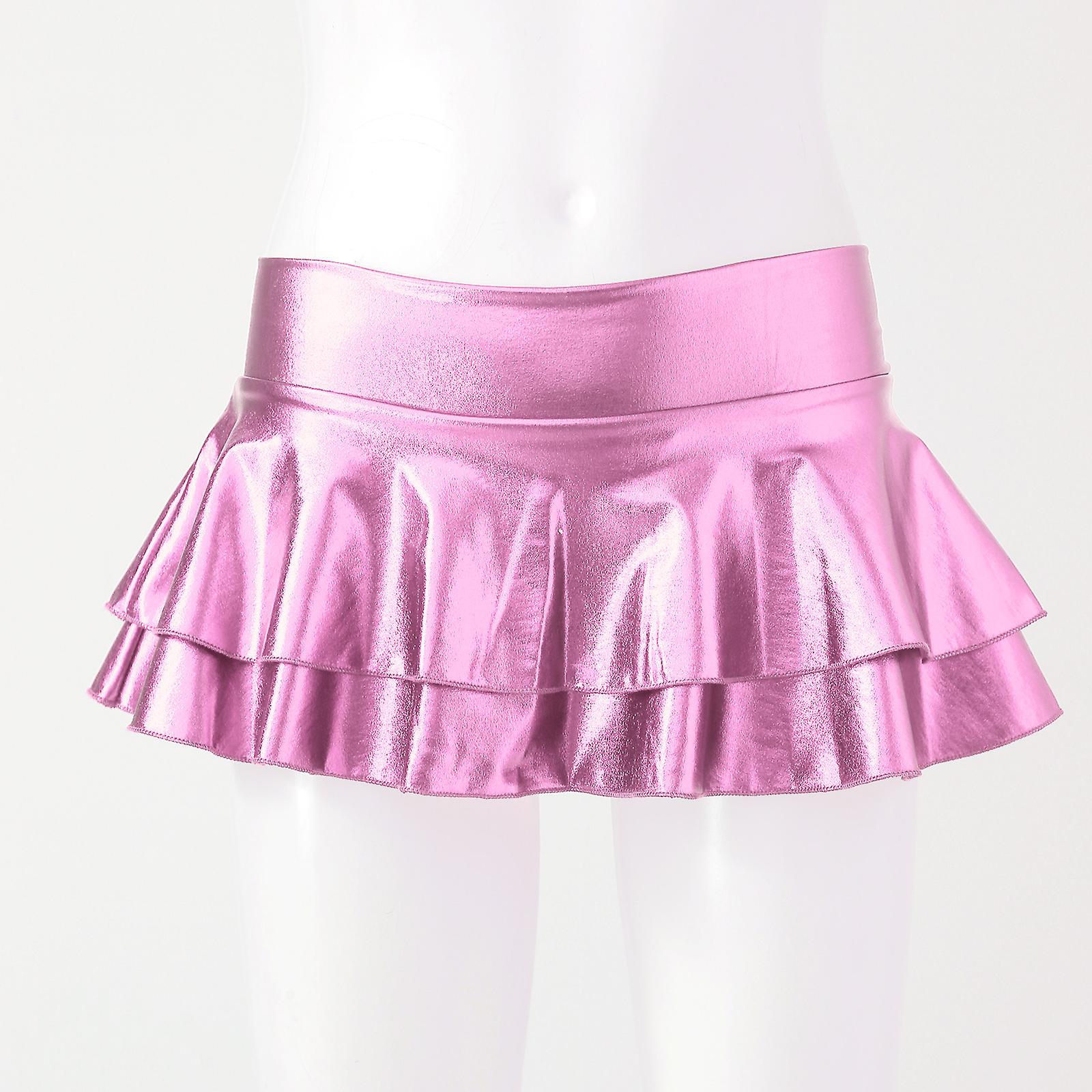 Women's Mini Skirts Shiny Metallic Low Rise Double Layered Ruffled ...