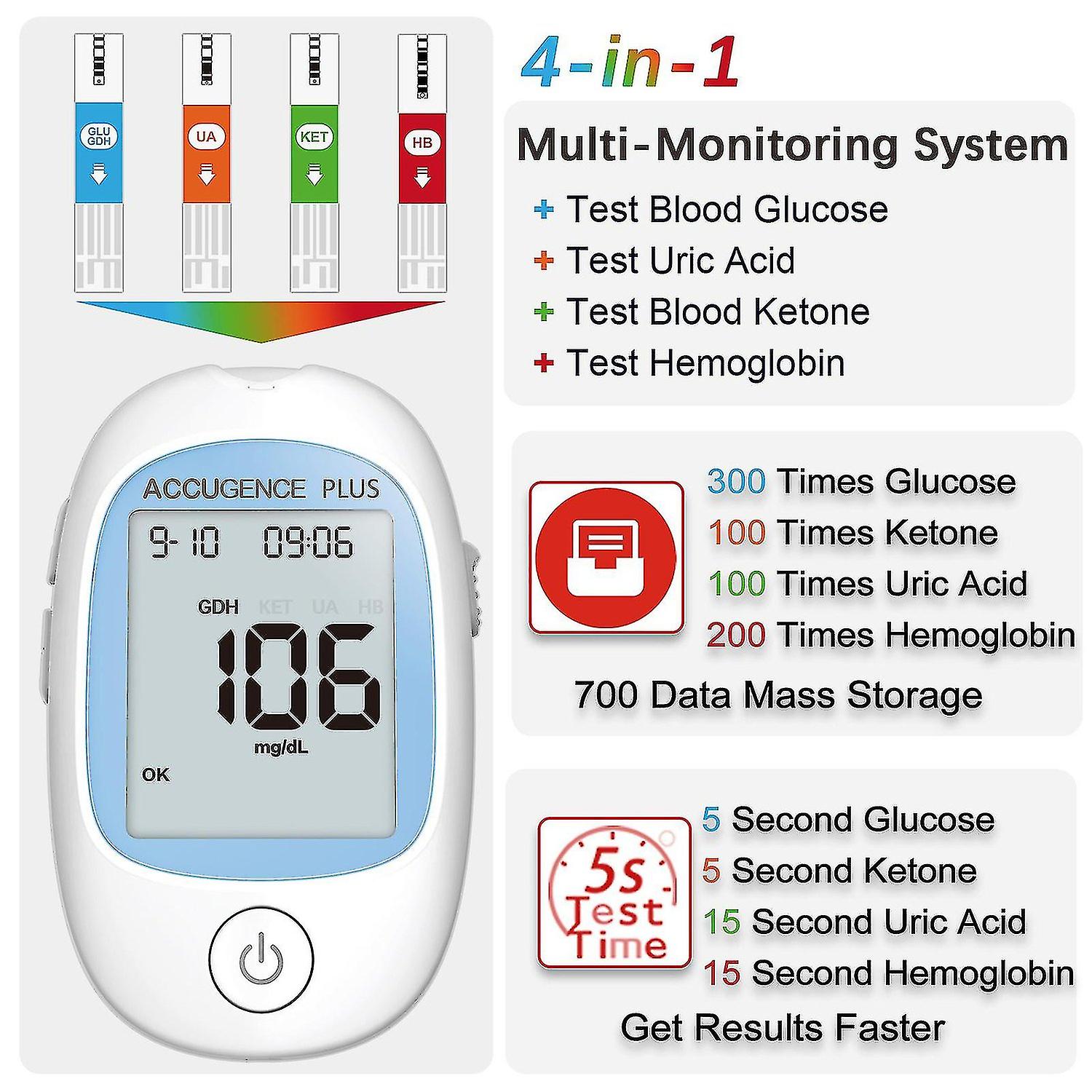 4 In 1 Multi Function Meter Hemoglobin Blood Glucose Uric Acid Ketone ...