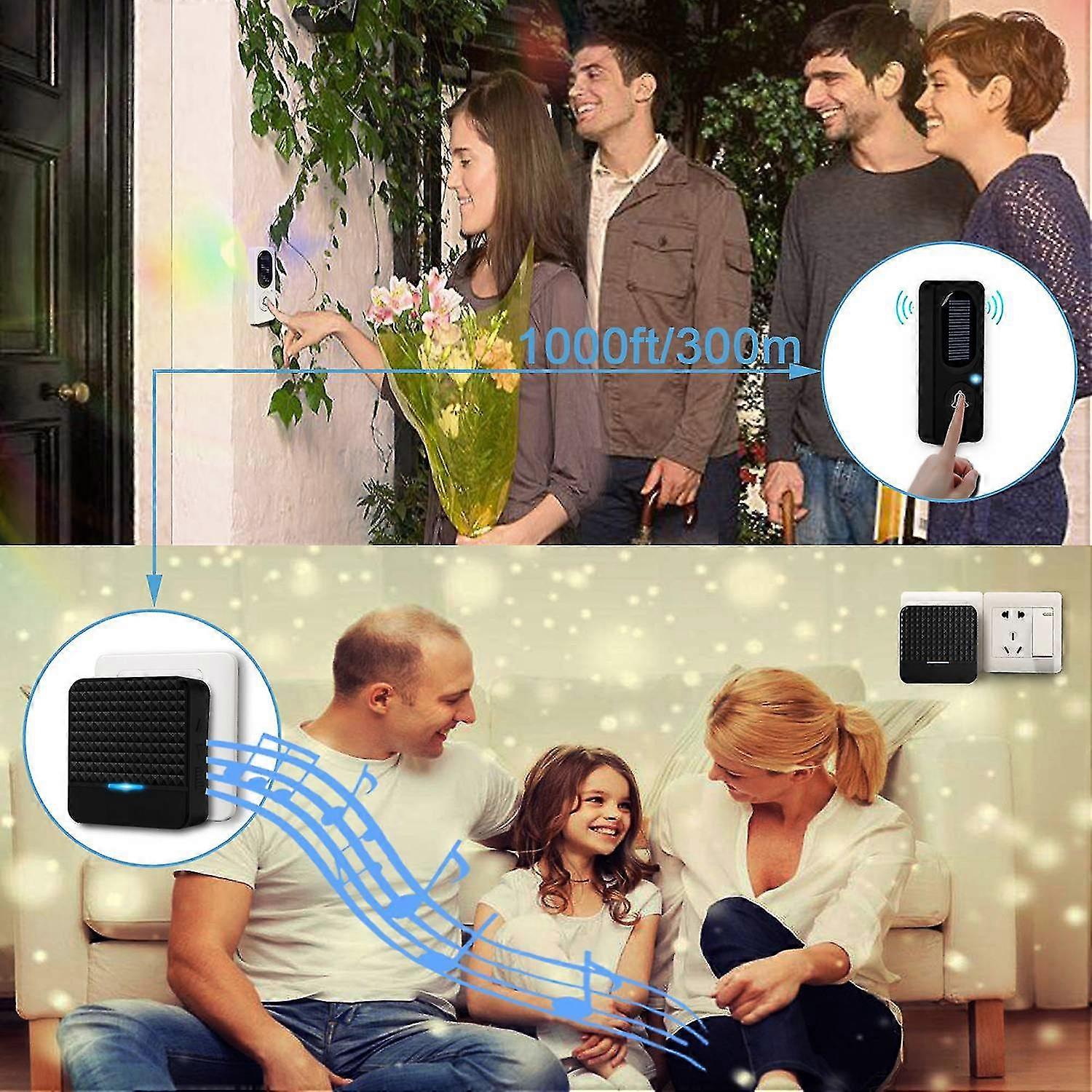 Wireless Solar Doorbell IP65 Waterproof 300M Doorbells Chime Kit Solar ...