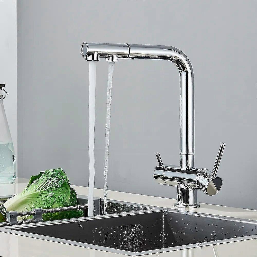 Chrome Brass Pull Out Filtered Kitchen Faucet Dual Handle Hot Cold ...