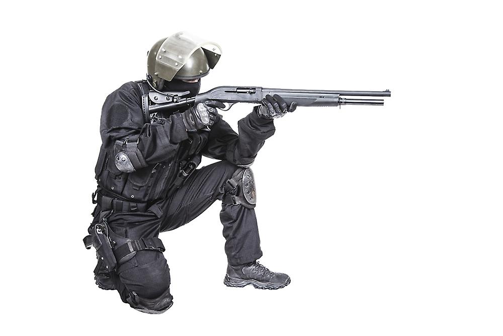 Spec ops soldier in black uniform and face mask with shotgun. Poster オリジナル